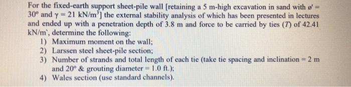 Solved For the fixed-earth support sheet-pile wall | Chegg.com
