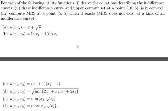 Solved For each of the following utility functions (i) | Chegg.com