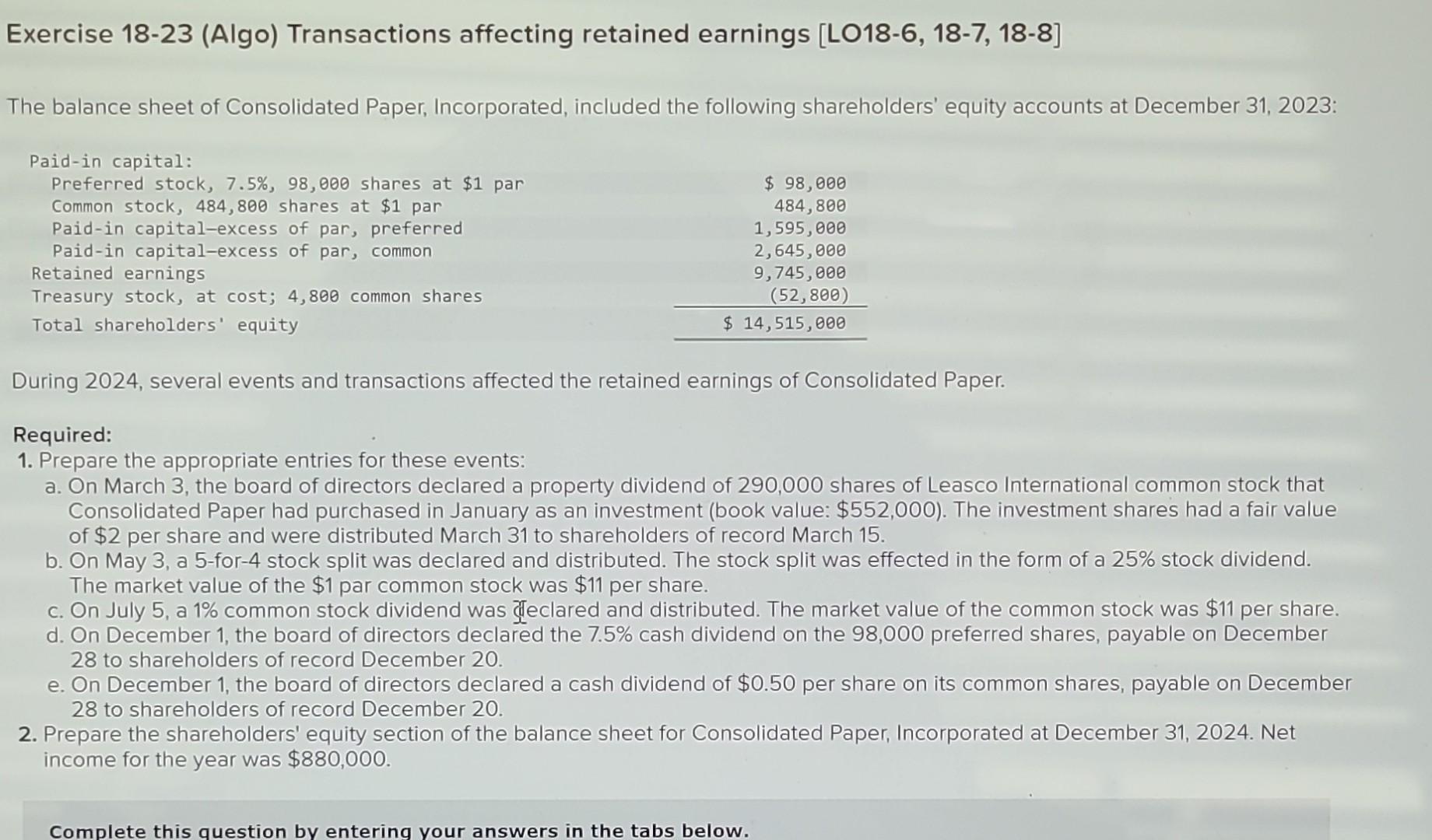 Solved Exercise 18-23 (Algo) Transactions affecting retained | Chegg.com