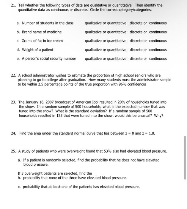 Solved 21. Tell whether the following types of data are | Chegg.com