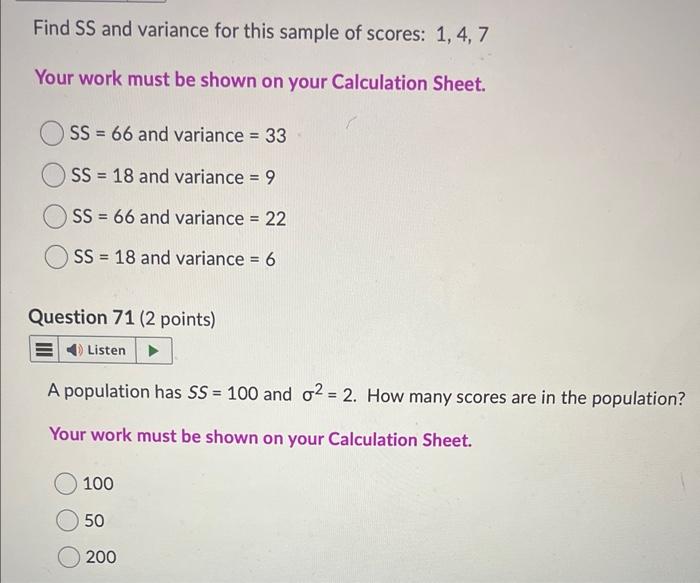 Solved Find SS and variance for this sample of scores: 1,4,7 | Chegg.com