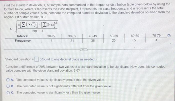 Solved Find the standard deviation, s, of sample data | Chegg.com