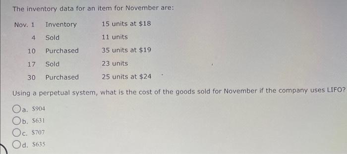Solved The inventory data for an item for November are: Nov. | Chegg.com