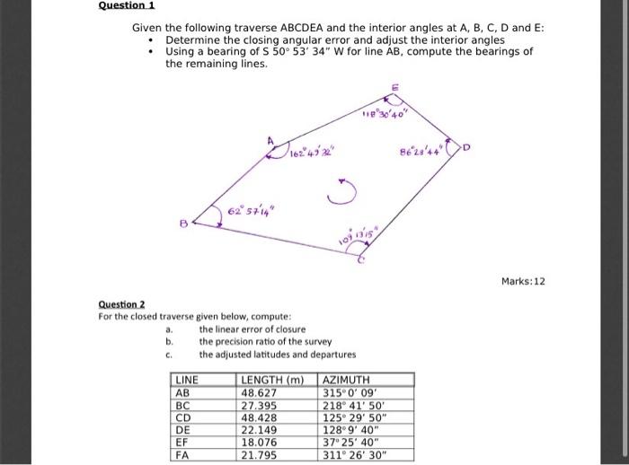 Solved Question 1 Given the following traverse ABCDEA and | Chegg.com