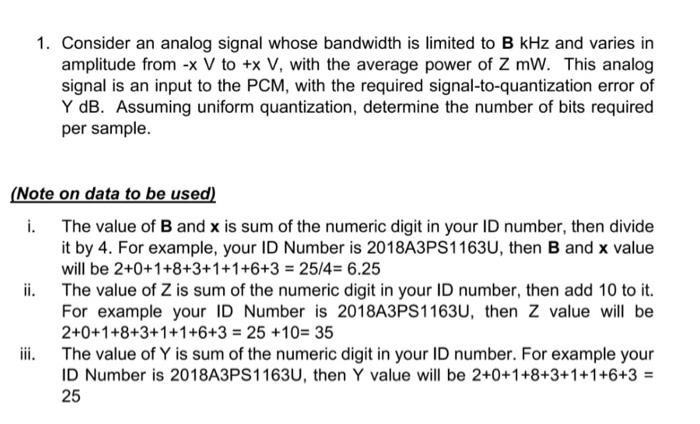 1. Consider an analog signal whose bandwidth is | Chegg.com