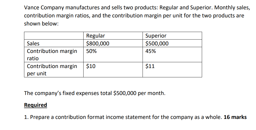 Solved Vance Company manufactures and sells two products: | Chegg.com