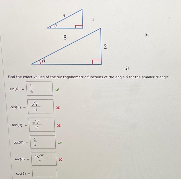 Solved sin(8) = cos(8) = tan(0) = csc (8) = Find the exact | Chegg.com