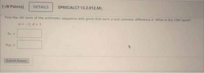 Solved Find the nth term of the arithmetic sequence with | Chegg.com