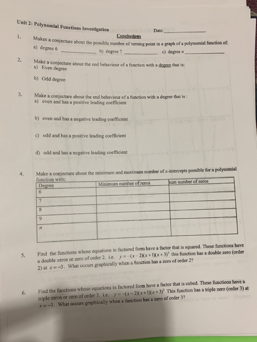 Solved Unit 2: Polynomial Functions Investigation Date: | Chegg.com