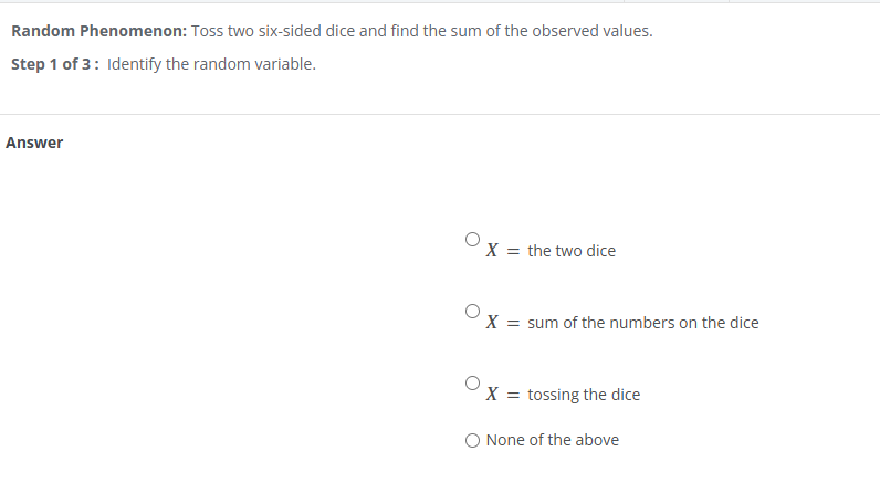 Solved Random Phenomenon: Toss two six-sided dice and find | Chegg.com