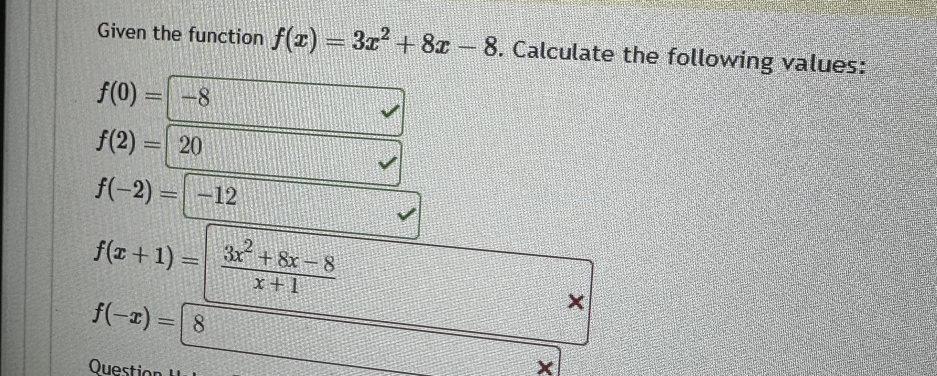 Solved Given the function f(x)=3x2+8x-8. ﻿Calculate the | Chegg.com