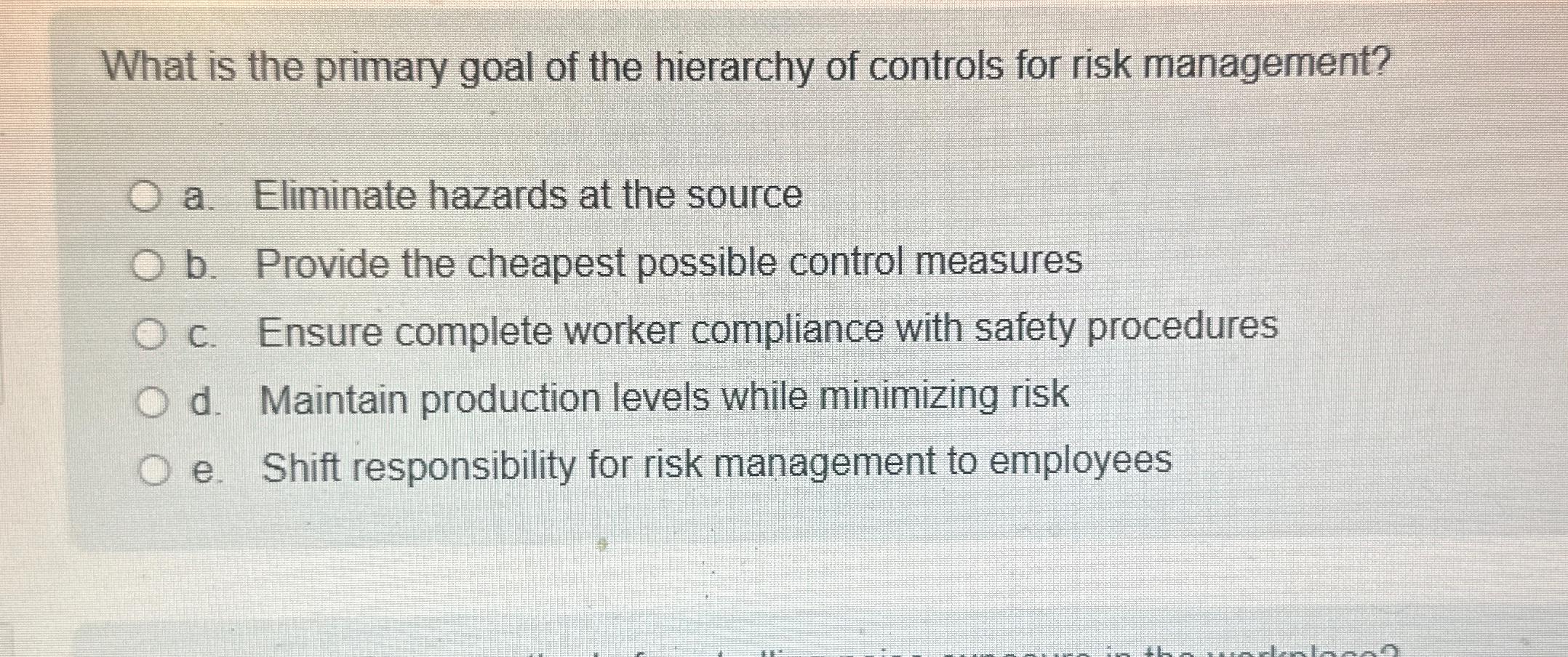 Solved What is the primary goal of the hierarchy of controls | Chegg.com