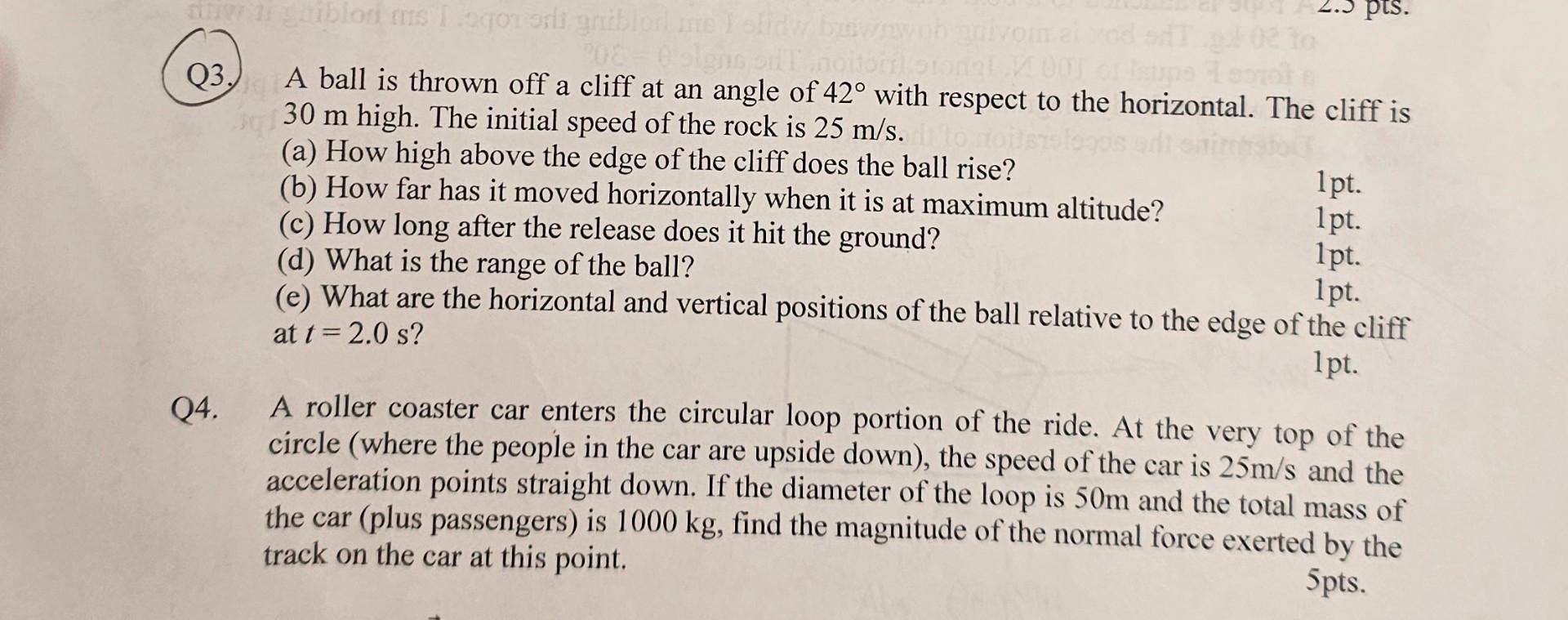 Solved Q3. A ball is thrown off a cliff at an angle of 42∘ | Chegg.com