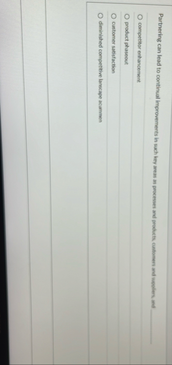 Solved Partnering can lead to continual improvements in such | Chegg.com