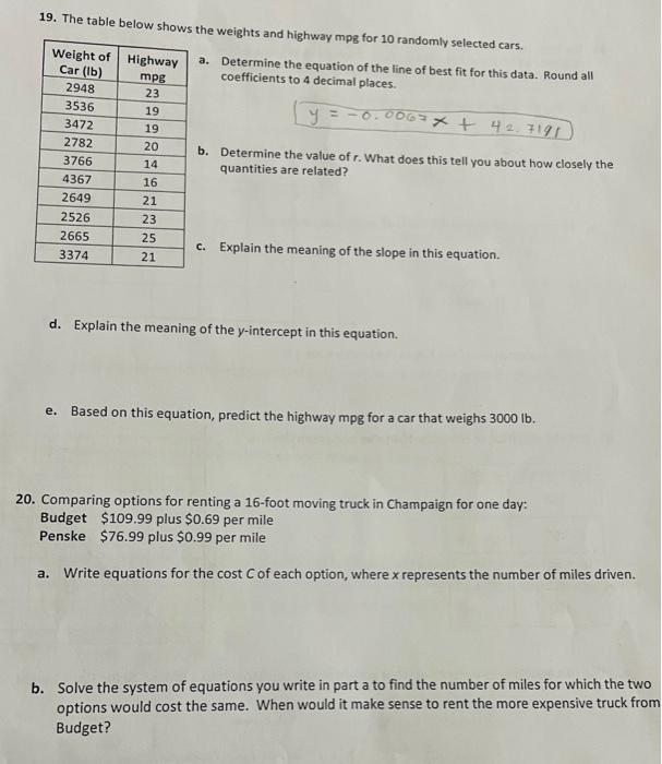 Solved 19. The table below shows the weights and highway mpg | Chegg.com
