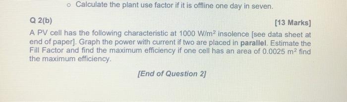 Solved o Calculate the plant use factor if it is offline one | Chegg.com