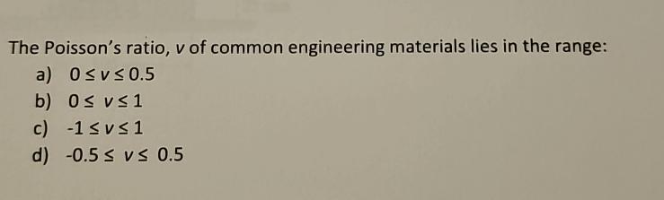 Solved The Poisson's ratio, v ﻿of common engineering | Chegg.com