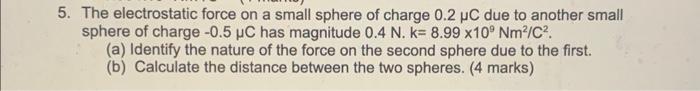 Solved The electrostatic force on a small sphere of charge | Chegg.com
