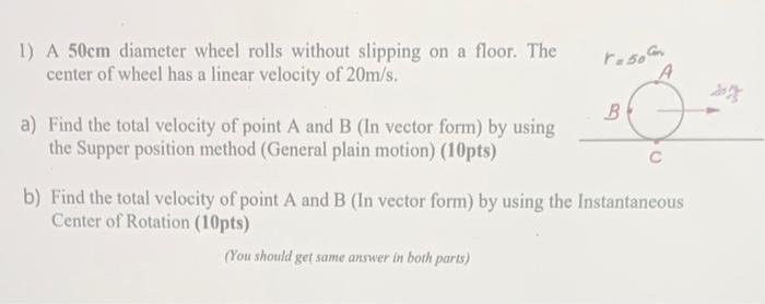 Solved 1) A 50 cm diameter wheel rolls without slipping on a | Chegg.com