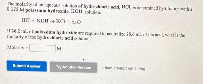 Solved The molarity of an aqueous solution of hydrochloric | Chegg.com