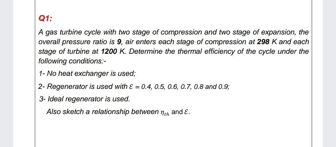 Solved Q1: A gas turbine cycle with two stage of compression | Chegg.com