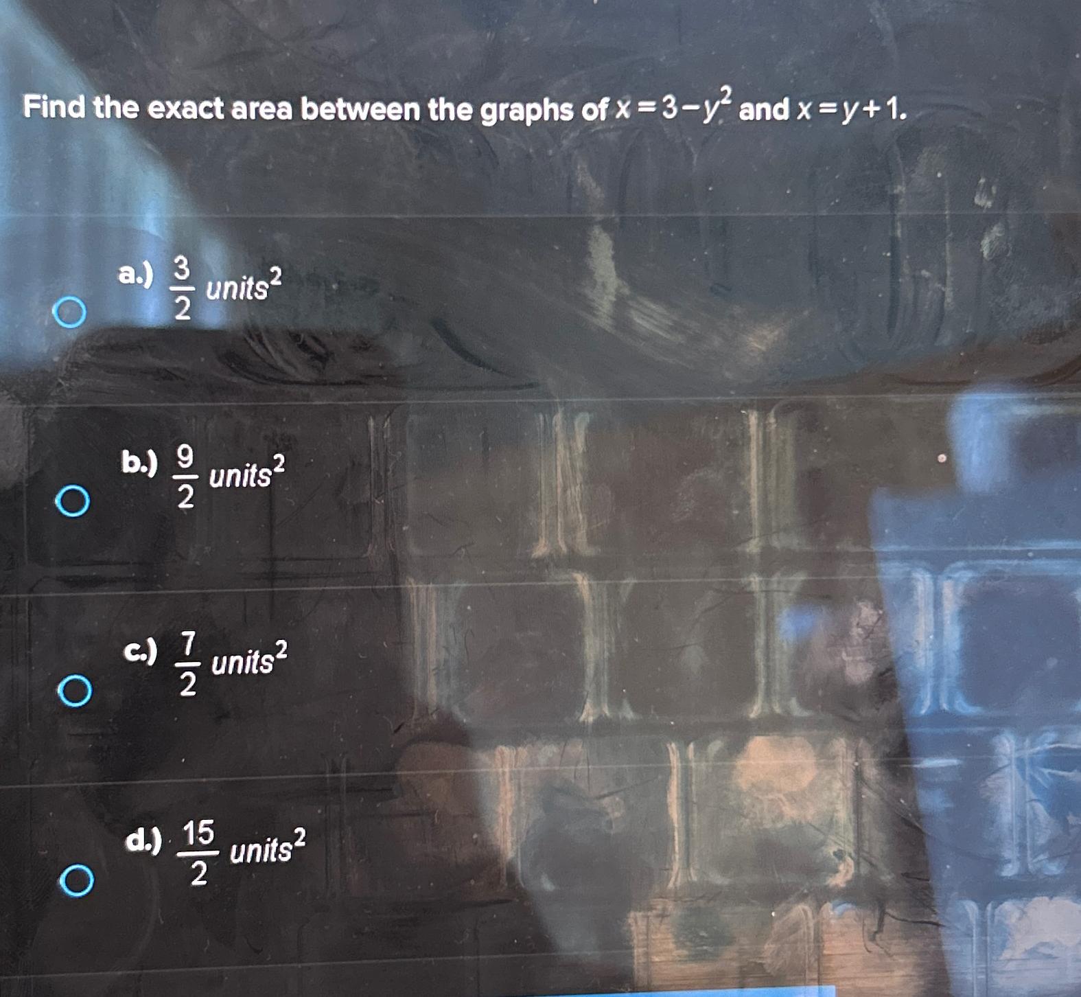 Solved Find the exact area between the graphs of x=3-y2 ﻿and | Chegg.com
