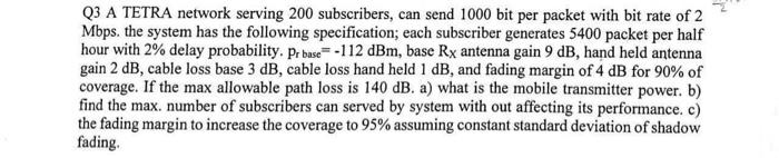 Solved Q3 A TETRA network serving 200 subscribers, can send | Chegg.com