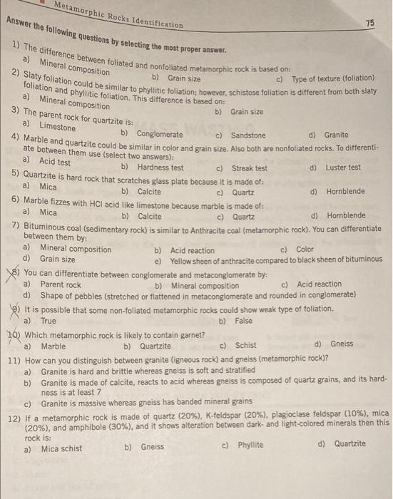 Solved Metamorphic Rocks Identification Answer the following | Chegg.com