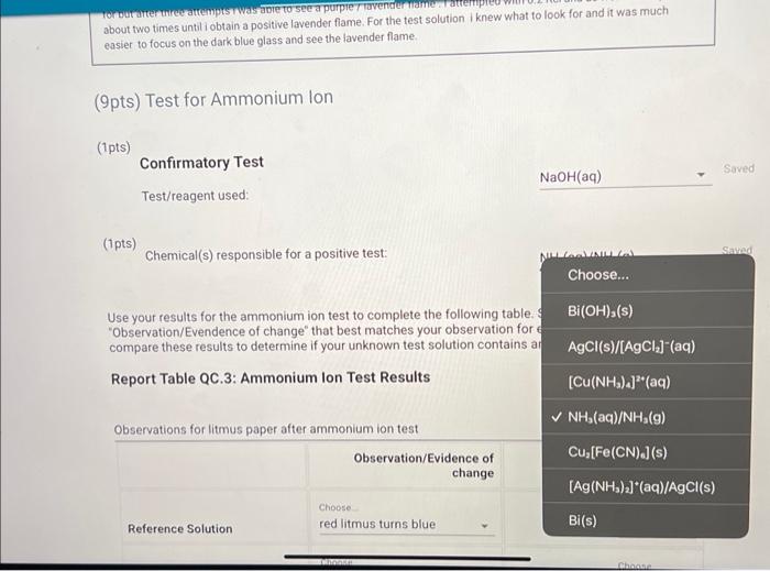Solved Use your results for the ammonium ion test to | Chegg.com