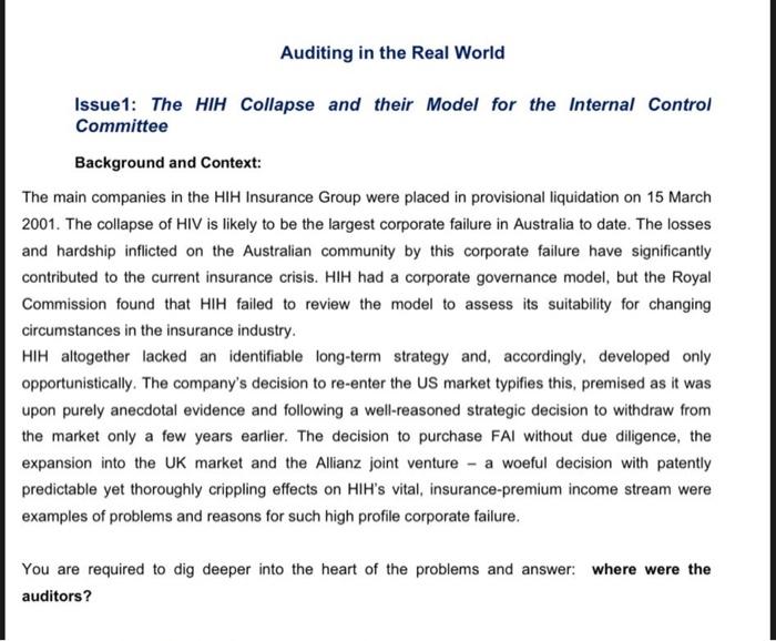 Solved Auditing in the Real World Issue1: The HIH Collapse | Chegg.com