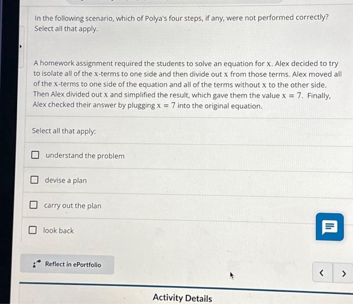 Solved In the following scenario, which of Polya's four | Chegg.com