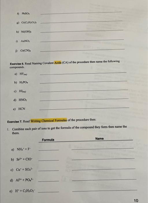 Solved () PbSO g) Cr(C2H3O2)2 h) Ni(OH)2 i) AuNO2 j) Cr(CN)3 | Chegg.com