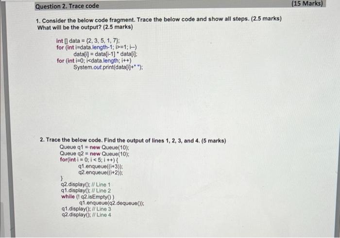 Solved 1. Consider the below code fragment. Trace the below | Chegg.com