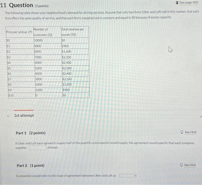 Solved 11 Question (3 points) The following table shows your | Chegg.com