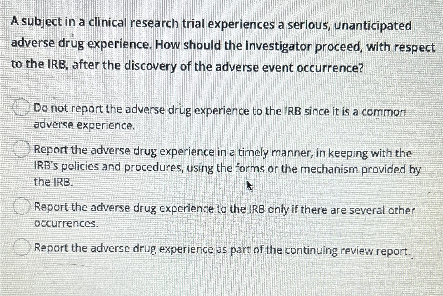 Solved A subject in a clinical research trial experiences a | Chegg.com