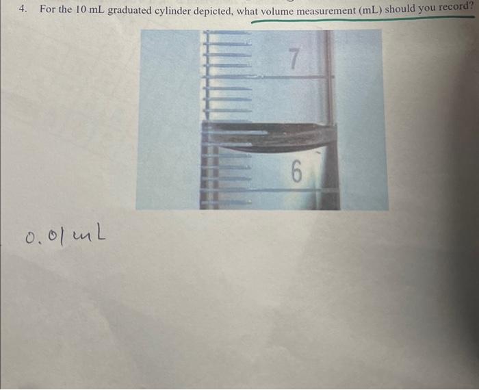 Solved 4. For the 10 mL graduated cylinder depicted, what | Chegg.com