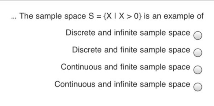 Solved ... The sample space S = {X I X>0} is an example of | Chegg.com