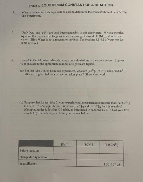 Solved Prelab 6. EQUILIBRIUM CONSTANT OF A REACTION What | Chegg.com