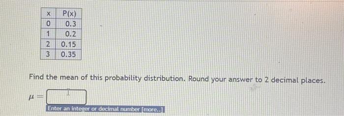 Solved Find the mean of this probability distribution. Round | Chegg.com