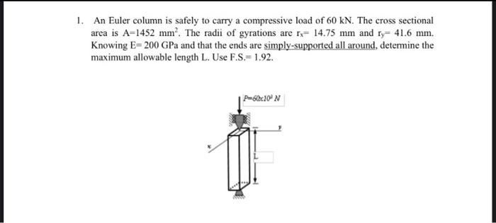 Solved 1. An Euler column is safely to carry a compressive | Chegg.com