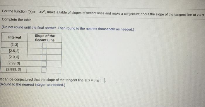 Solved For the function f(x) = - 4x2, make a table of slopes | Chegg.com