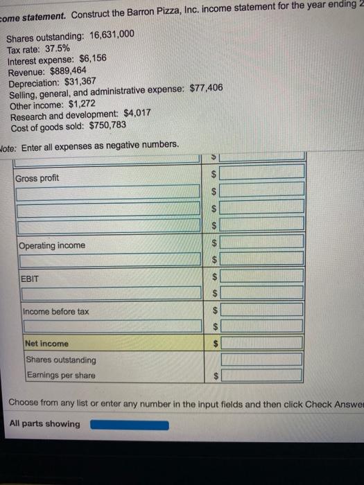 Solved Income statement. Construct the Burton Pizza, Ino. | Chegg.com