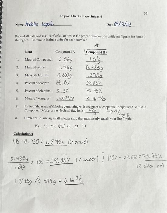 Solved Record all data and results of calculations to the | Chegg.com