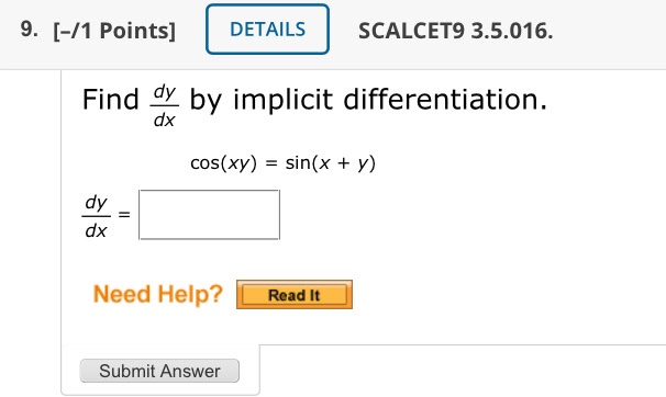 Solved 9. [-/1 Points] DETAILS SCALCET9 3.5.016. Find dy by | Chegg.com