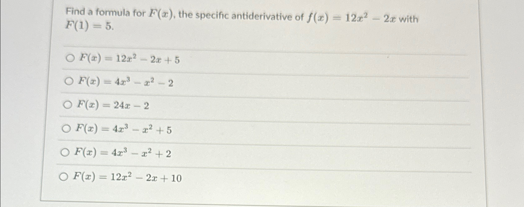 Solved Find a formula for F(x), ﻿the specific antiderivative | Chegg.com
