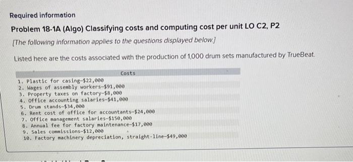 Solved Required information Problem 18-1A (Algo) Classifying | Chegg.com