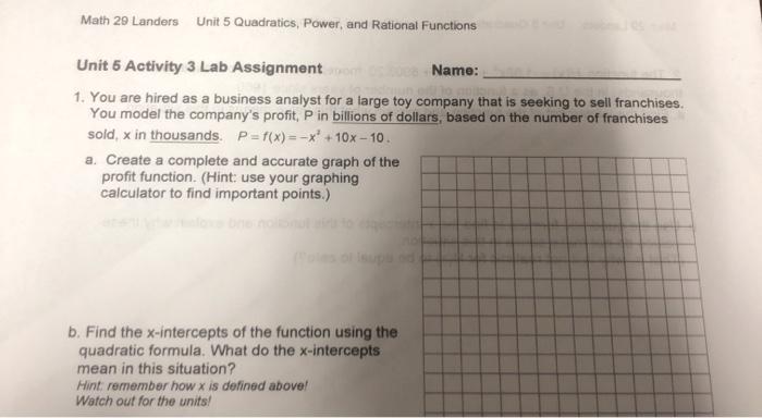 Solved Math 29 Landers Unit 5 Quadratics, Power, and | Chegg.com