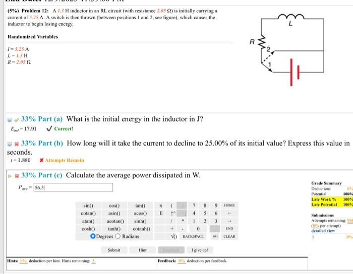 Solved ( 5% ) Problem 12; A 1.3H inductor in an RL circuit | Chegg.com