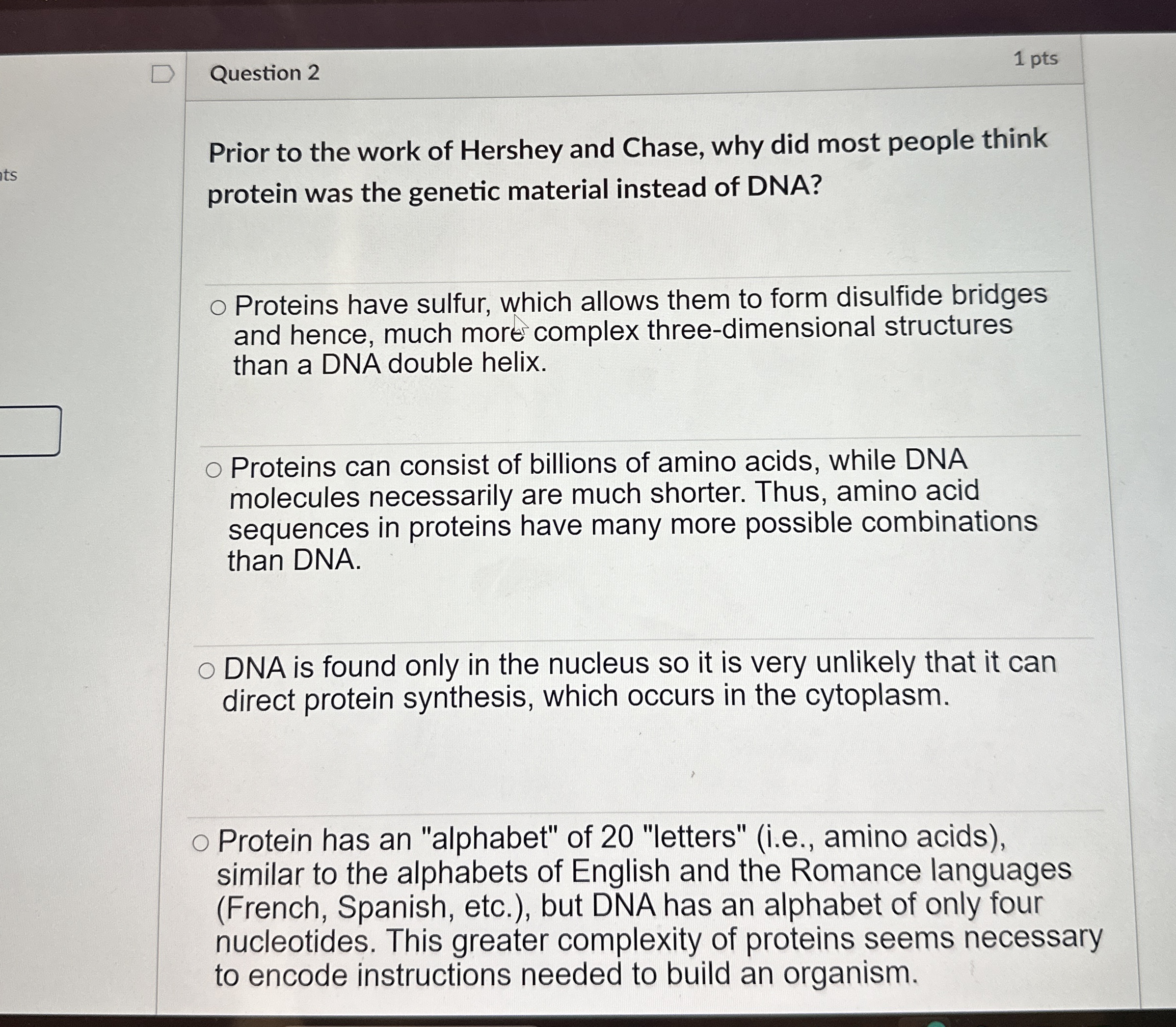 Solved Question 21 ﻿ptsPrior to the work of Hershey and | Chegg.com