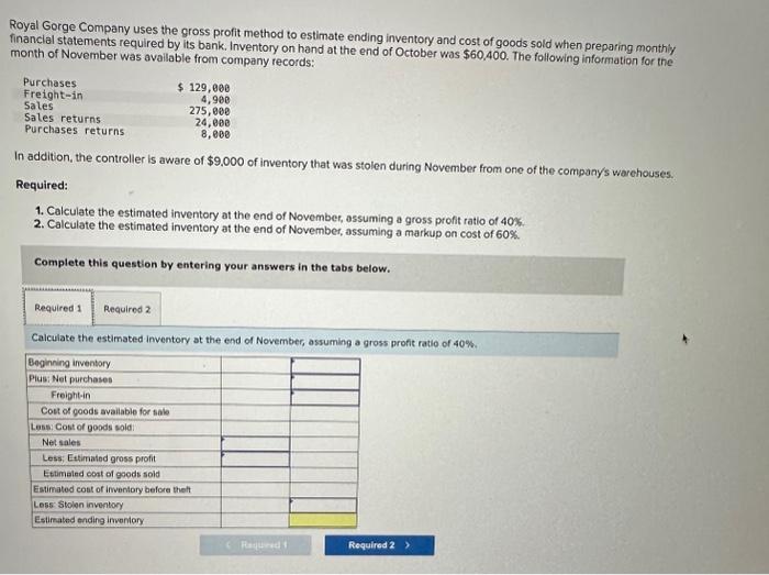 Solved Royal Gorge Company uses the gross profit method to | Chegg.com